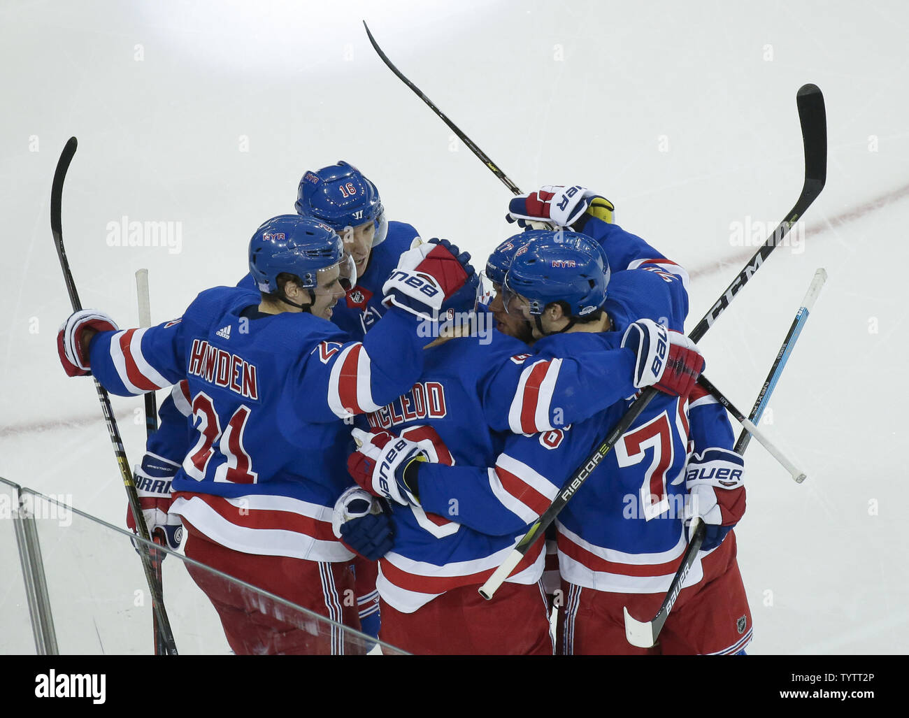 New York Rangers players celebrate a goal in the first period against ...