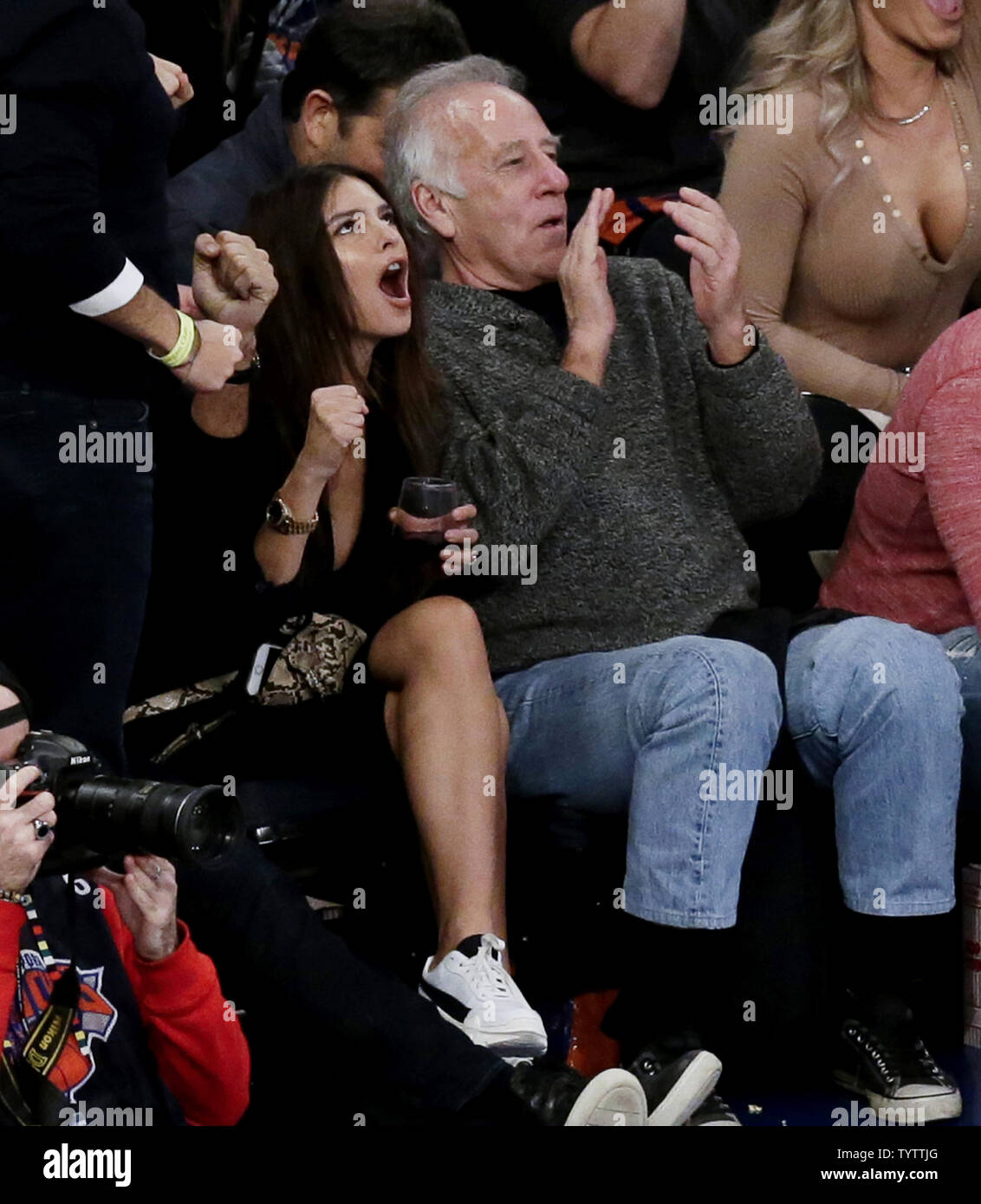 Emily Ratajkowski watches the Milwaukee Bucks play the New York Knicks ...