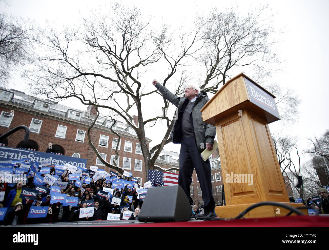 Sen. Bernie Sanders waves when he arrives to speak at his first event ...