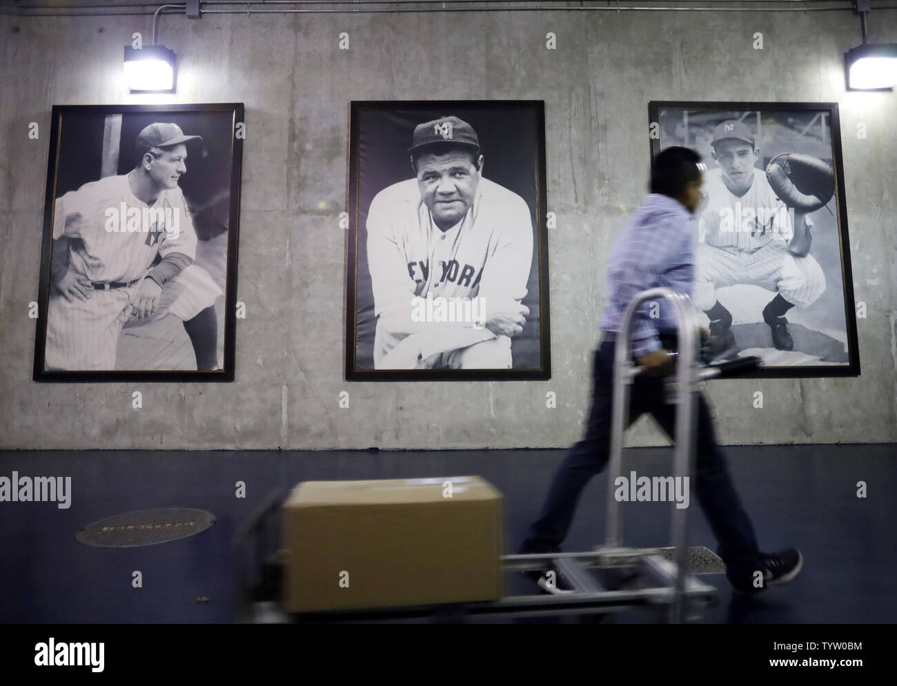 Photographs of legendary Yankee players including Babe Ruth hang on the ...