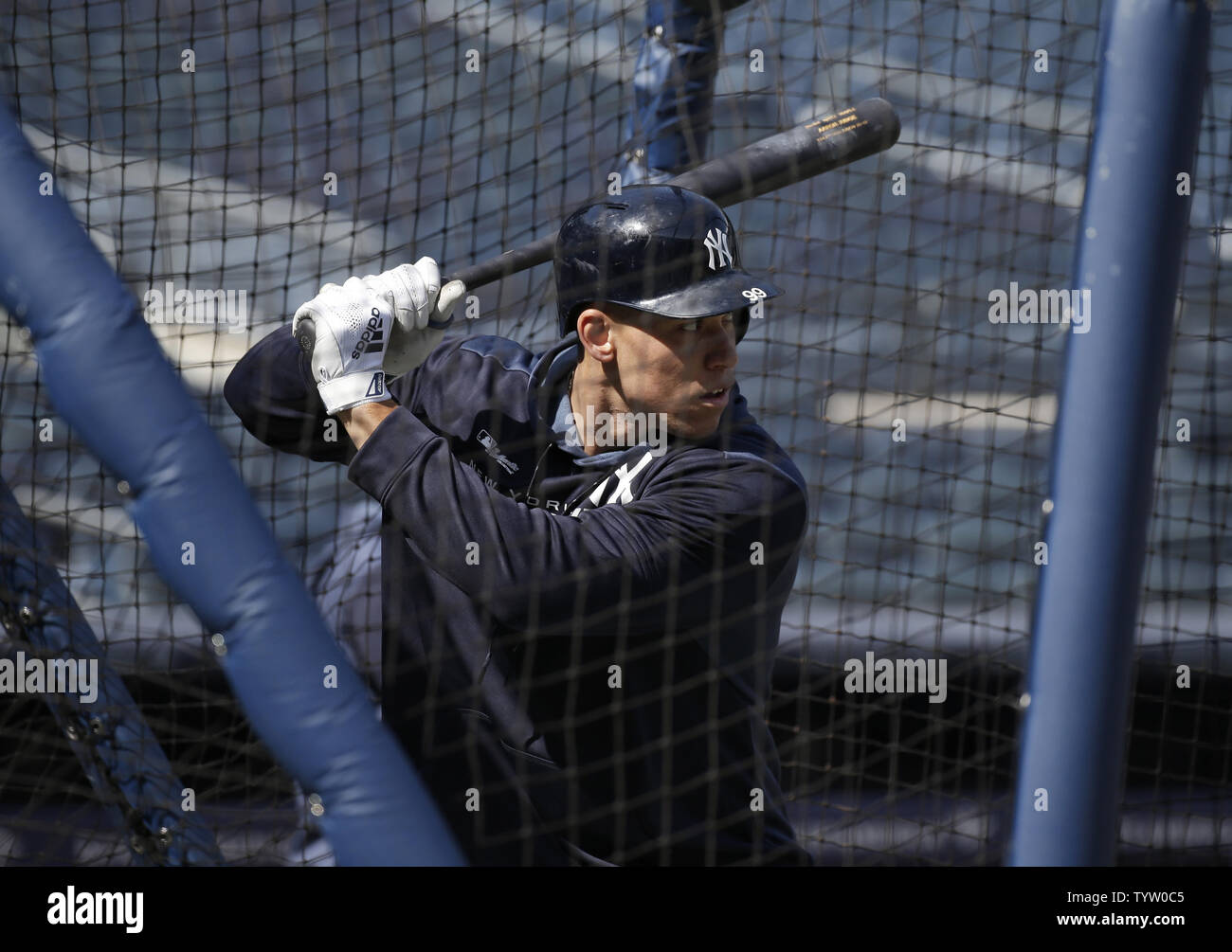 New York Yankees Aaron Judge takes batting practice at a workout one ...