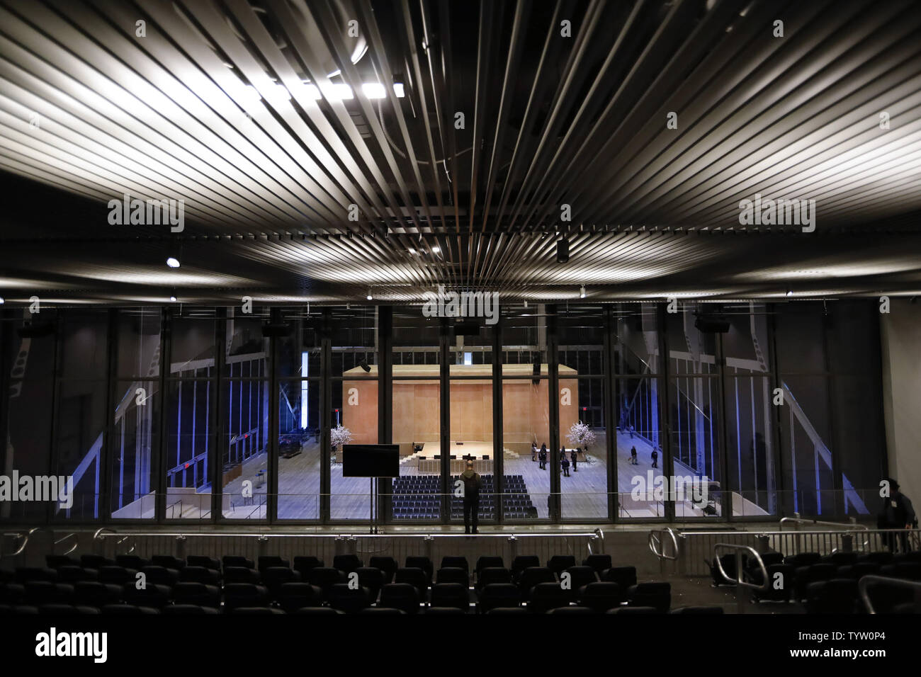 Workers prepare The ShedÕs Bloomberg Building at a press preview inside ...