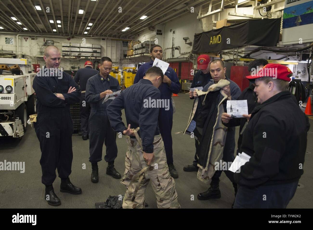 SASEBO, Japan (Nov. 30, 2016) Sailors demonstrate the proper donning of ...