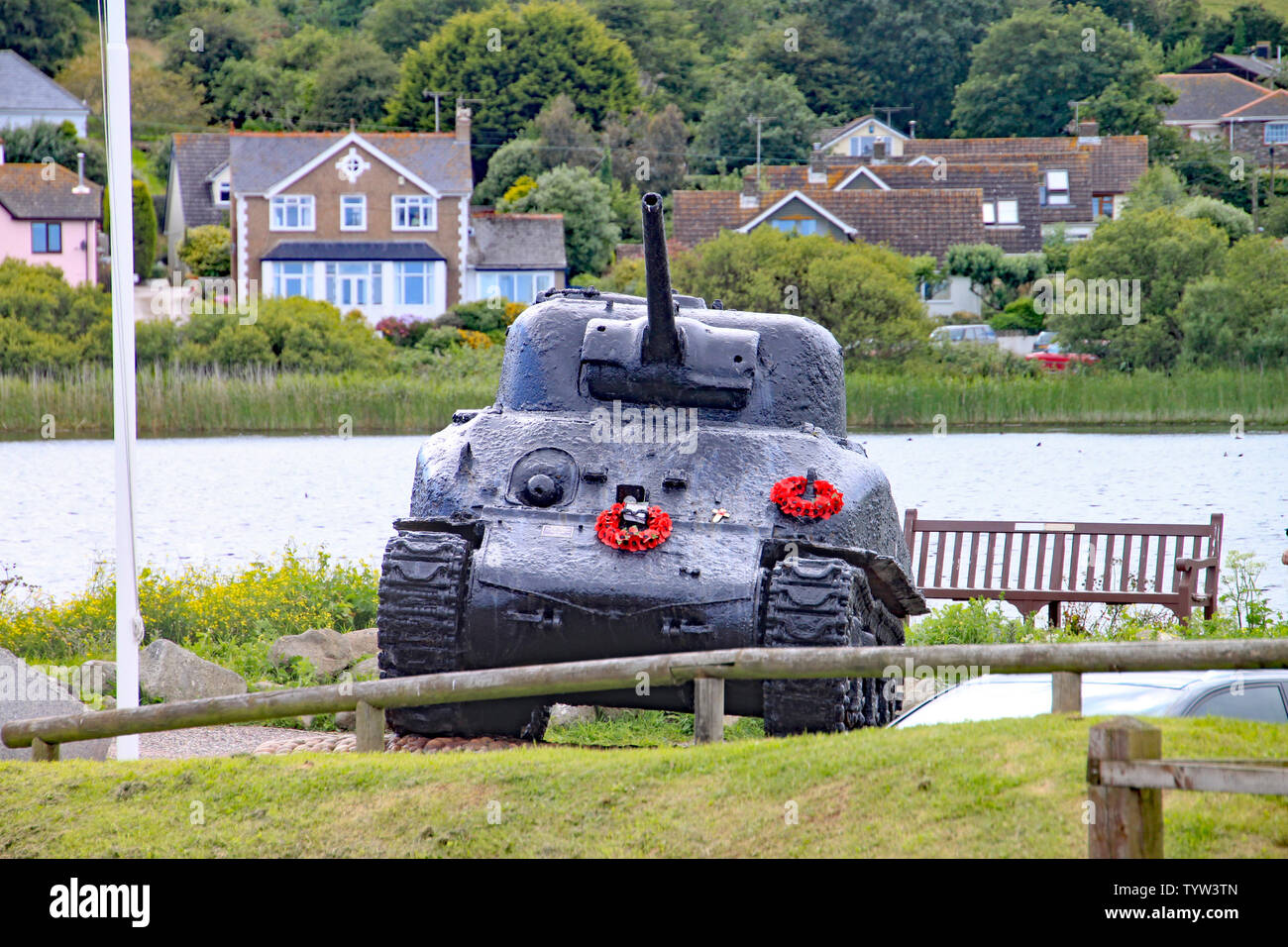 The Sherman tank at Slapton sands in Devon. It was sunk in action during Exercise Tiger which ...