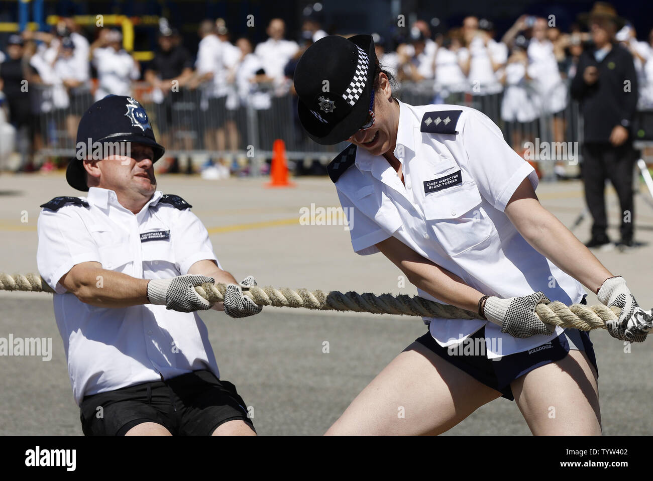 Teams pull an Airbus 320 aircraft when JetBlue Airlines hosts a Plane ...