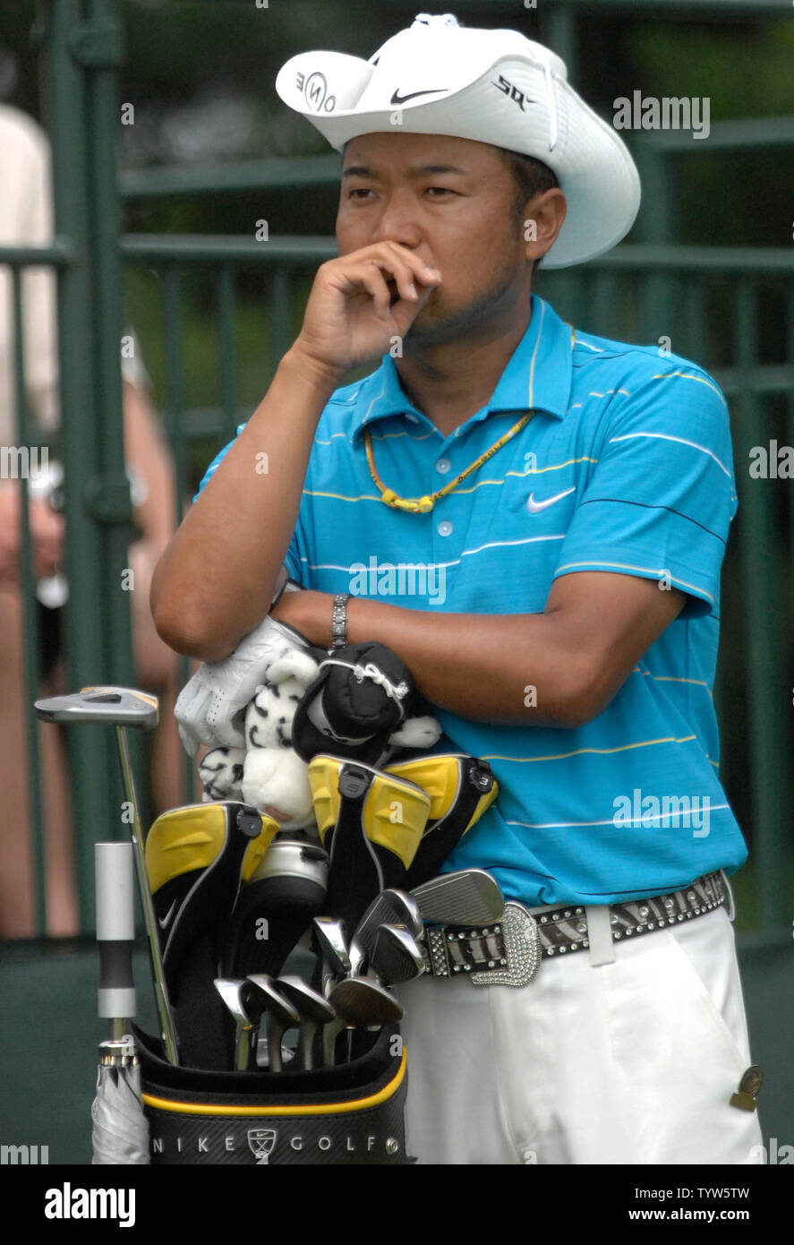 Shingo Katayama of Japan waits to tee off of the 16th tee box during ...