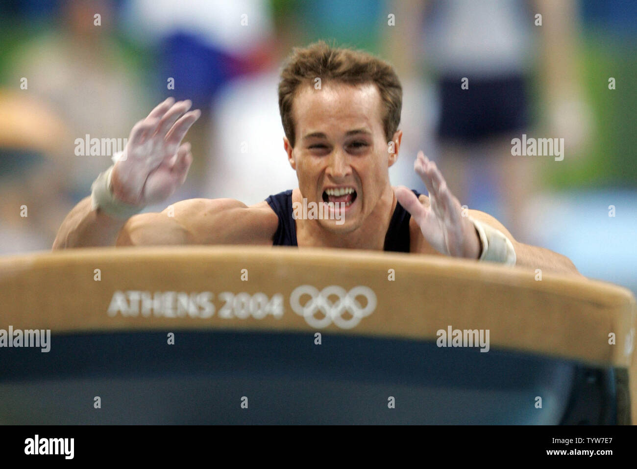 American gymnast Paul Hamm practices his vault at the Athens Olympic Indoor Hall on August 11 ...