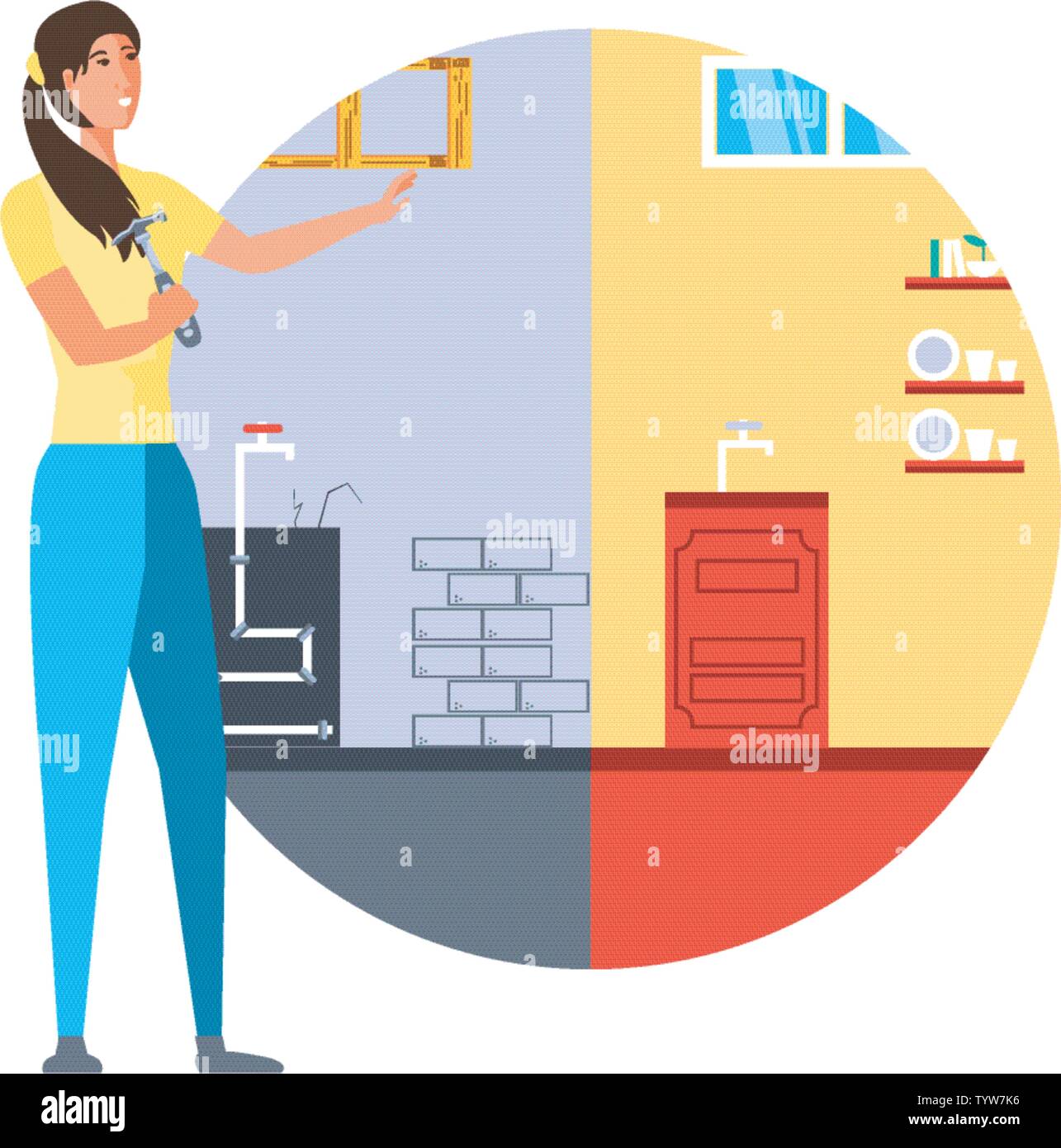 Avatar woman and house design, under construction work repair progress ...