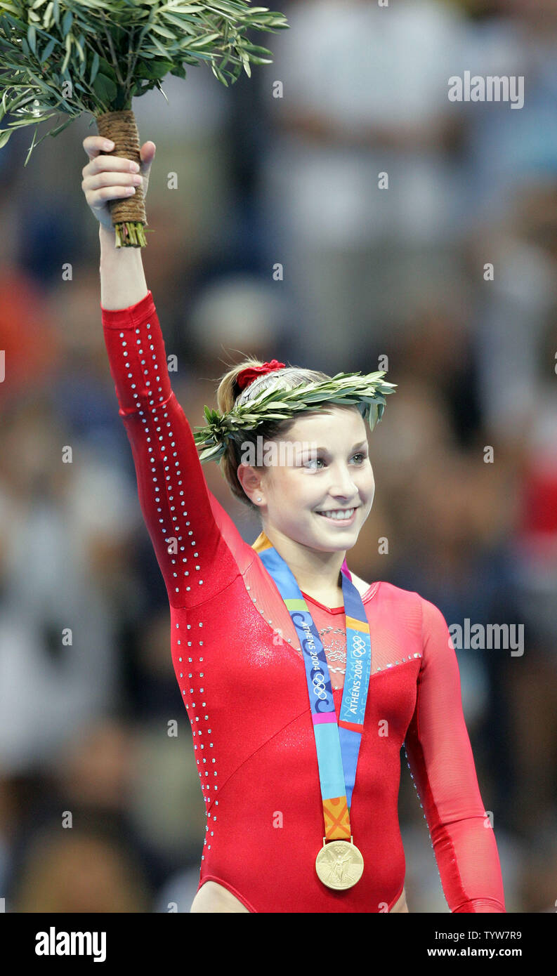 American gymnast Carly Patterson celebrates her victory in the women's ...