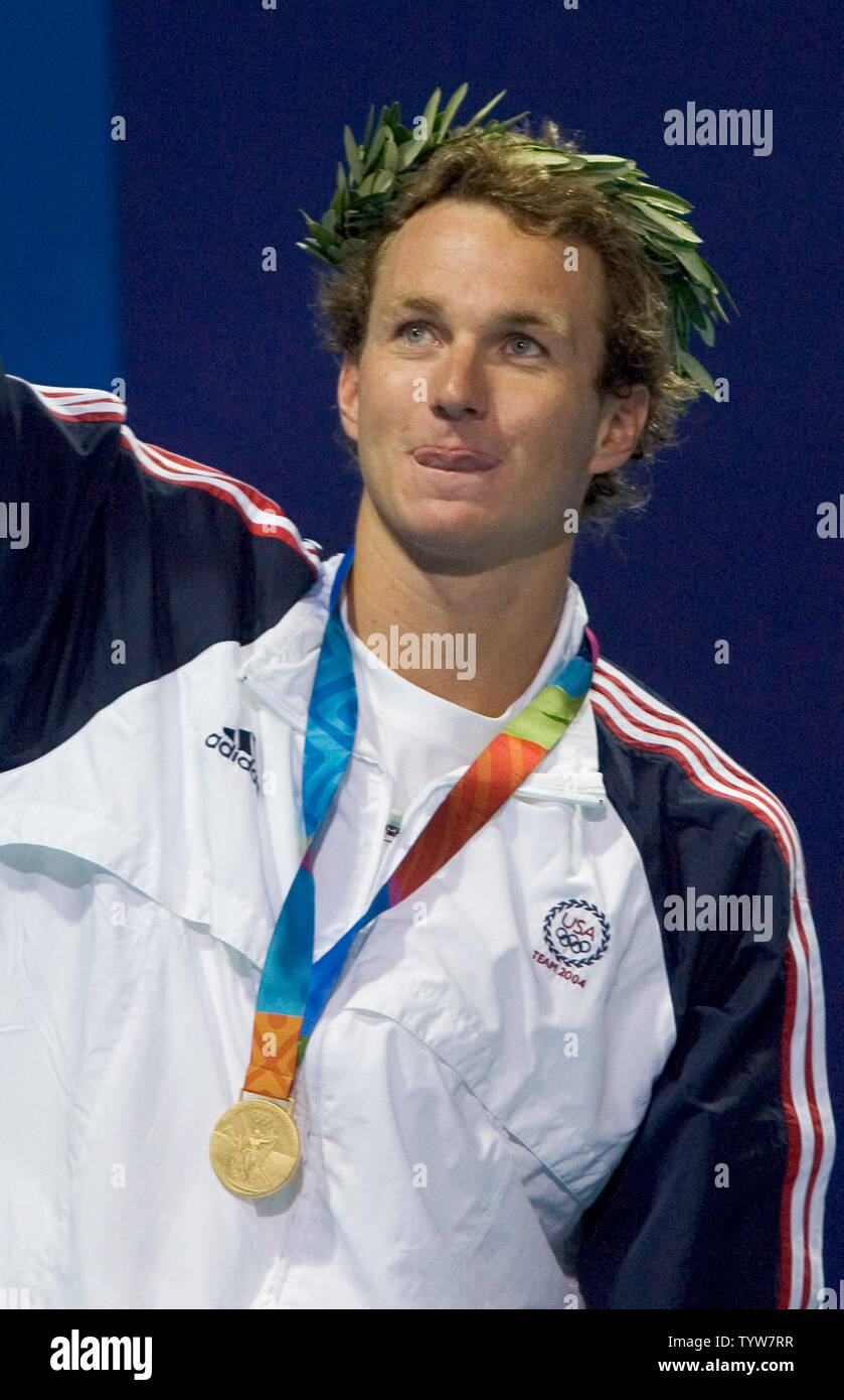 Aaron Peirsol of the USA on the podium with gold in the men's 200m ...