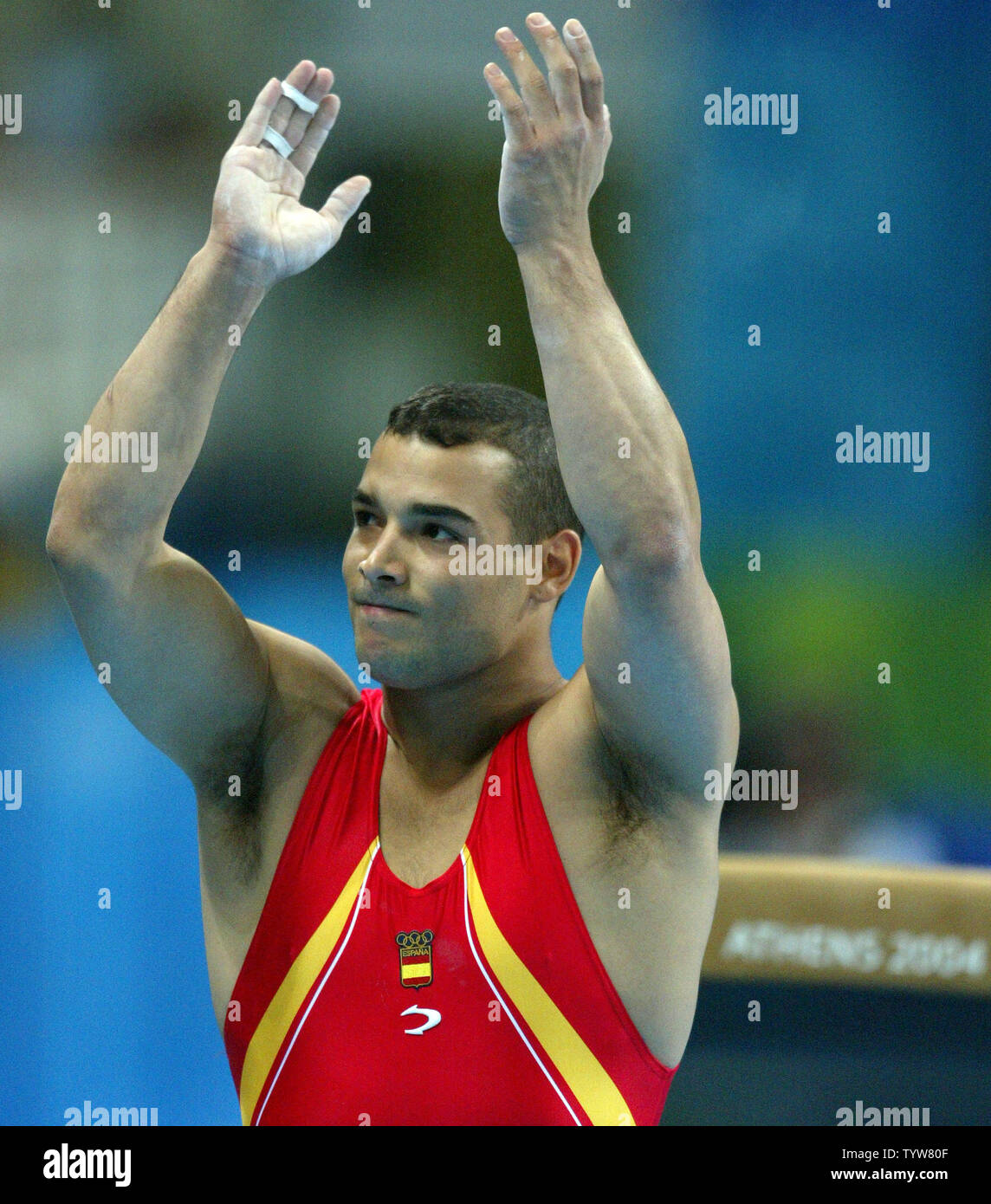 Spanish gymnast Gervasio Deferr elates over his stuck landing in the ...