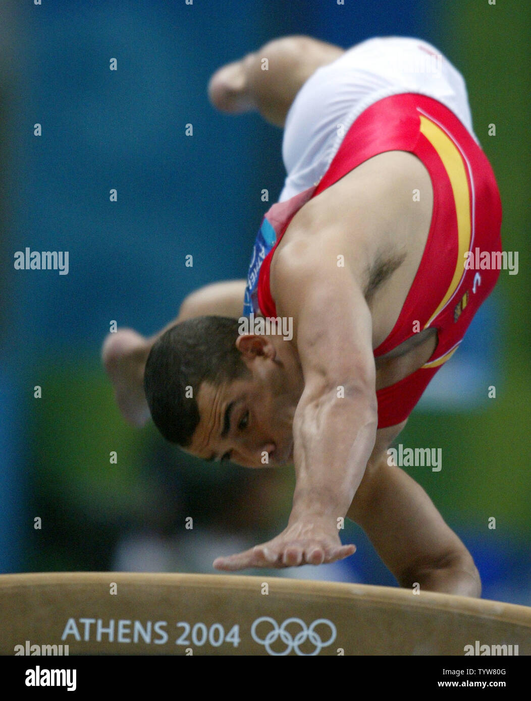 Spanish gymnast Gervasio Deferr performs his second of two vaults in ...