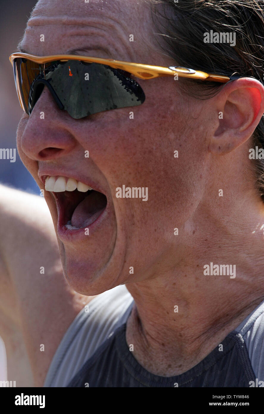 Kate Allen of Austria spots her coach after crossing the finish line of ...