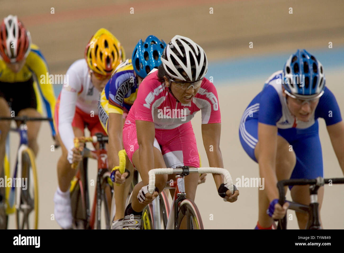 Belem Guerrero Mendez (pink) of Mexico wins silver in the Women's Points Race at the Olympic ...