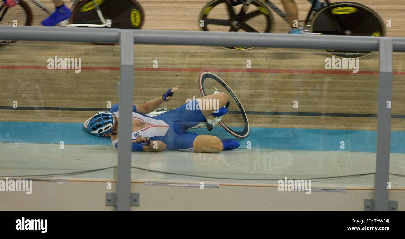 Great Britain's Rob Hayles slides along the bottom of the track after ...