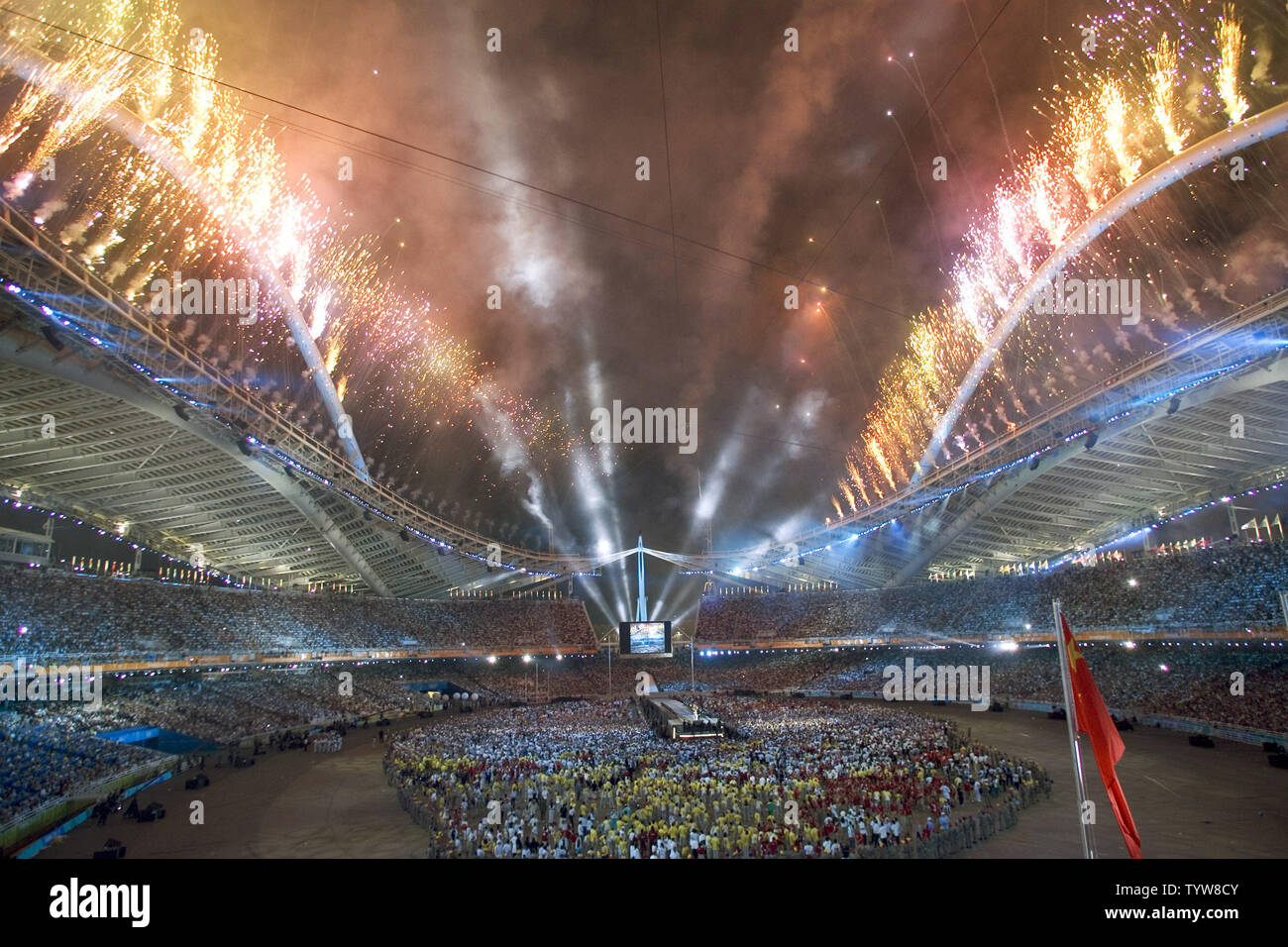 Fireworks fill the air at the closing ceremonies in the Olympic Stadium ...
