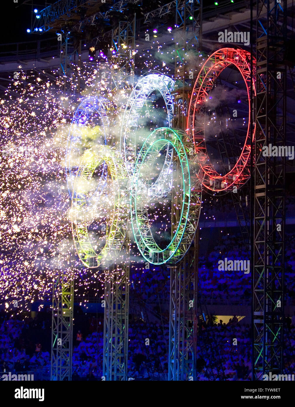 The Olympic Rings are raised in the stadium for the Opening Ceremonies ...