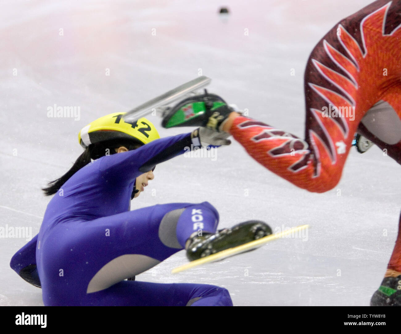 Korea's Da-Hye Jeon goes down in the first corner after the start in ...