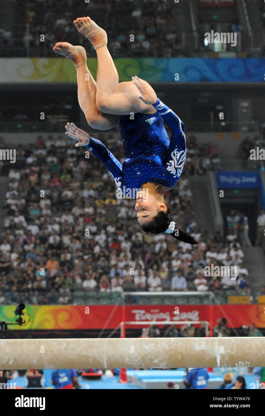 Britain's Marissa King flips in the air during her routine on the Balance Beam portion of the ...