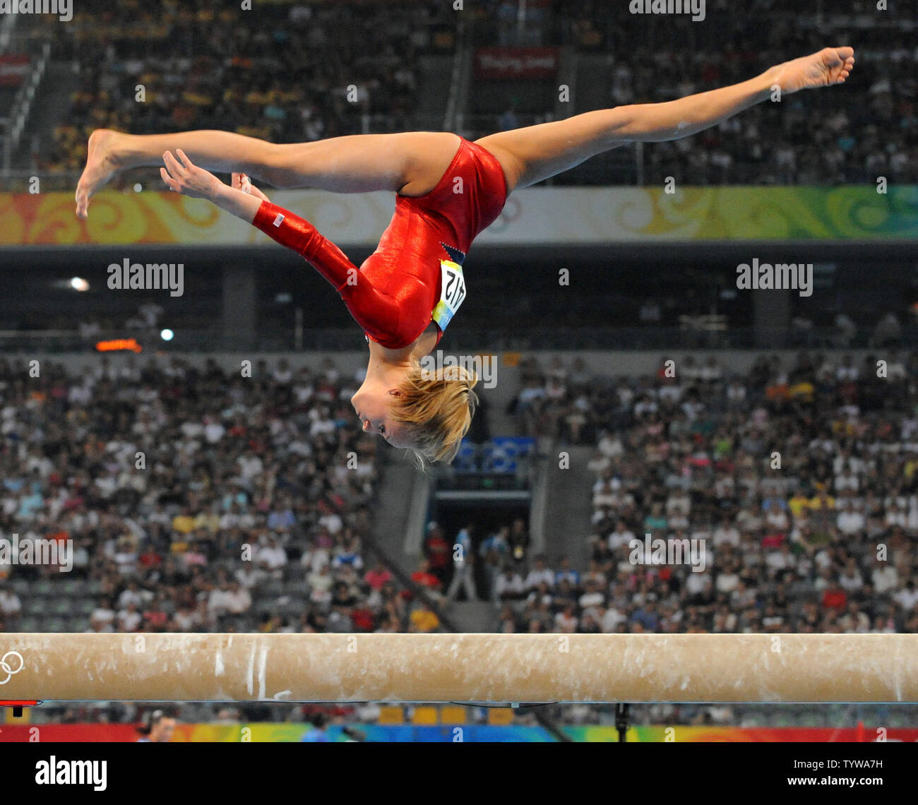 Usas Nastia Liukin Flips In The Air During Her Routine On The Balance Beam Portion Of The Women