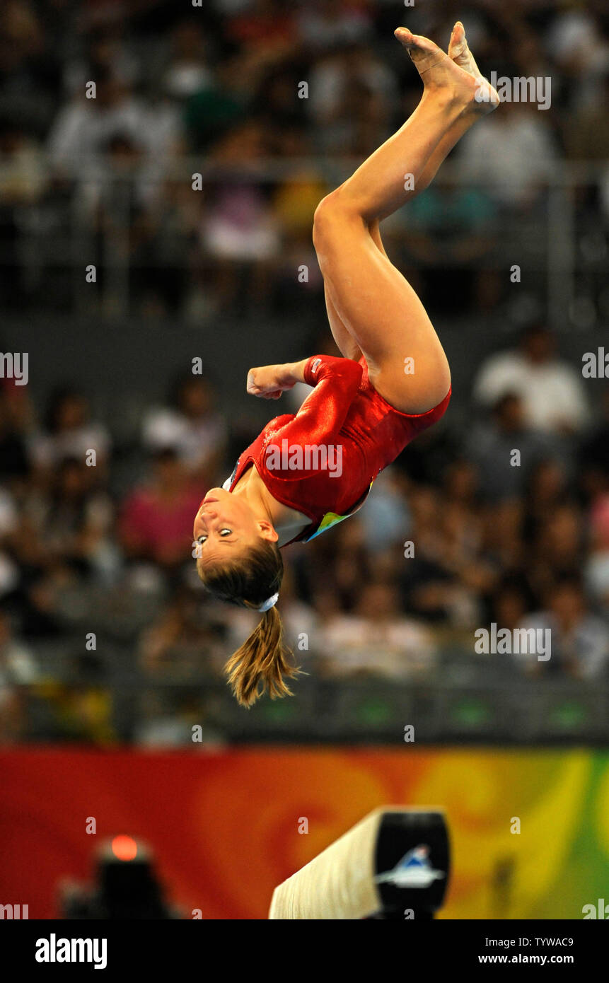 American gymnast Shawn Johnson goes through her routine on the beam ...