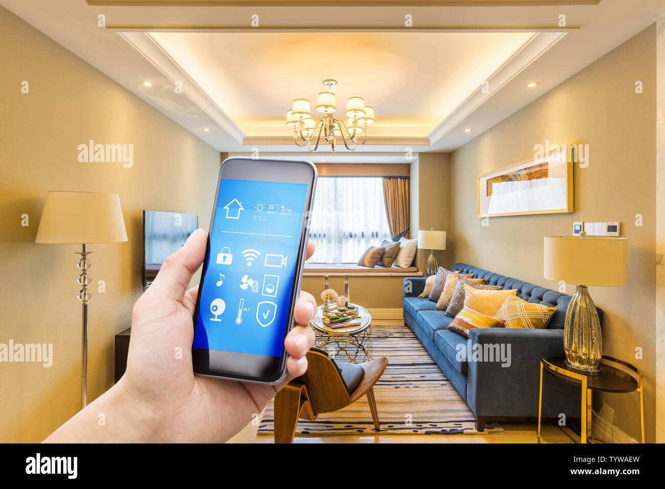 smart phone with smart home and modern living room Stock Photo - Alamy
