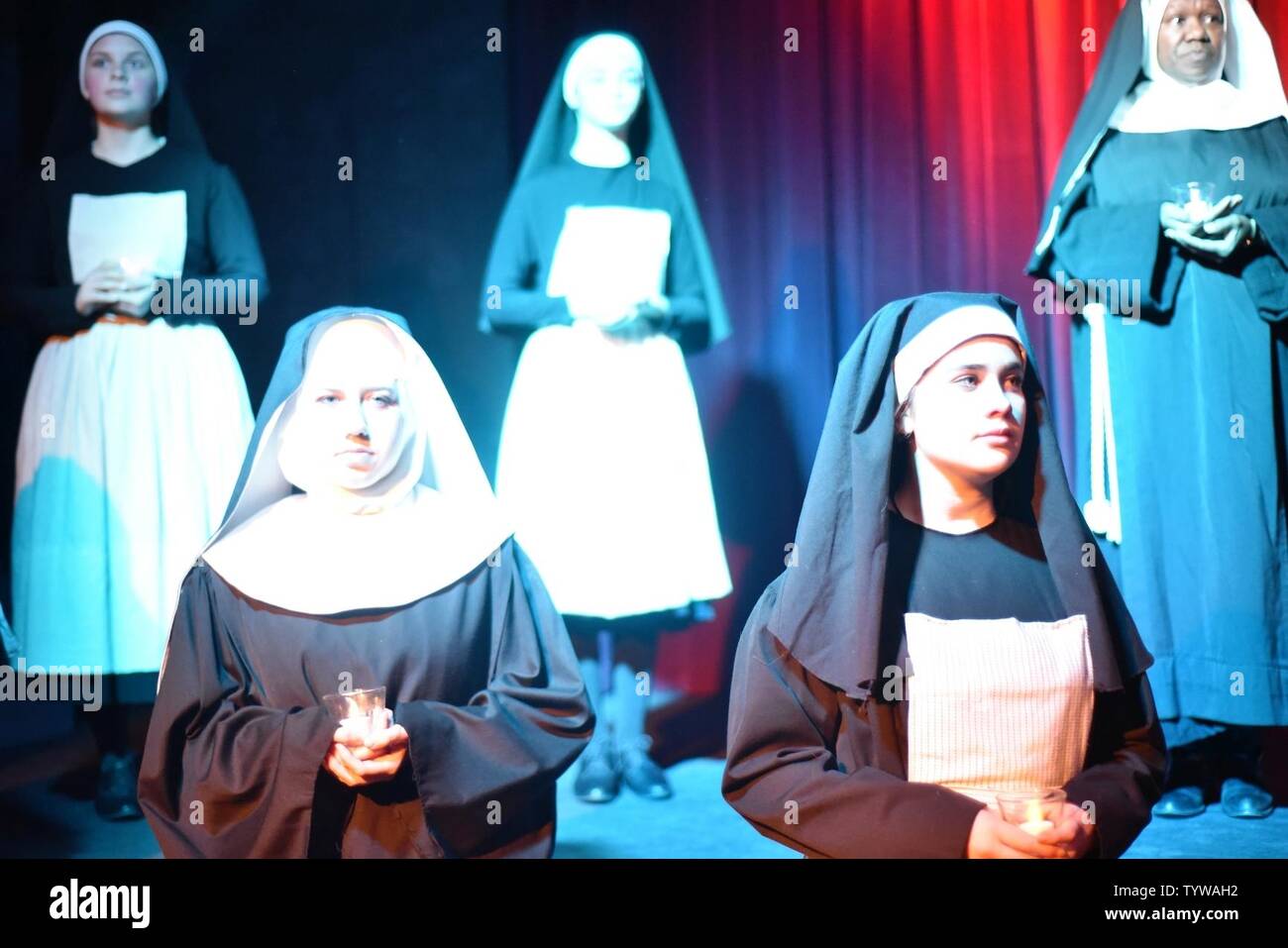 Performers who play the nuns of Nonnberg Abbey rehearse a scene in the ...