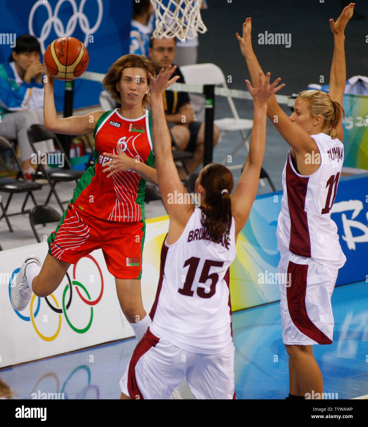 Belarus' Katsiaryna Snytsina (6) looks to pass as she is forced out by ...