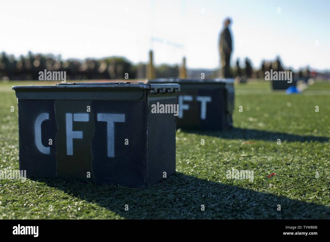 Ammunition cans are placed on a football field at Marine Corps Recruit ...
