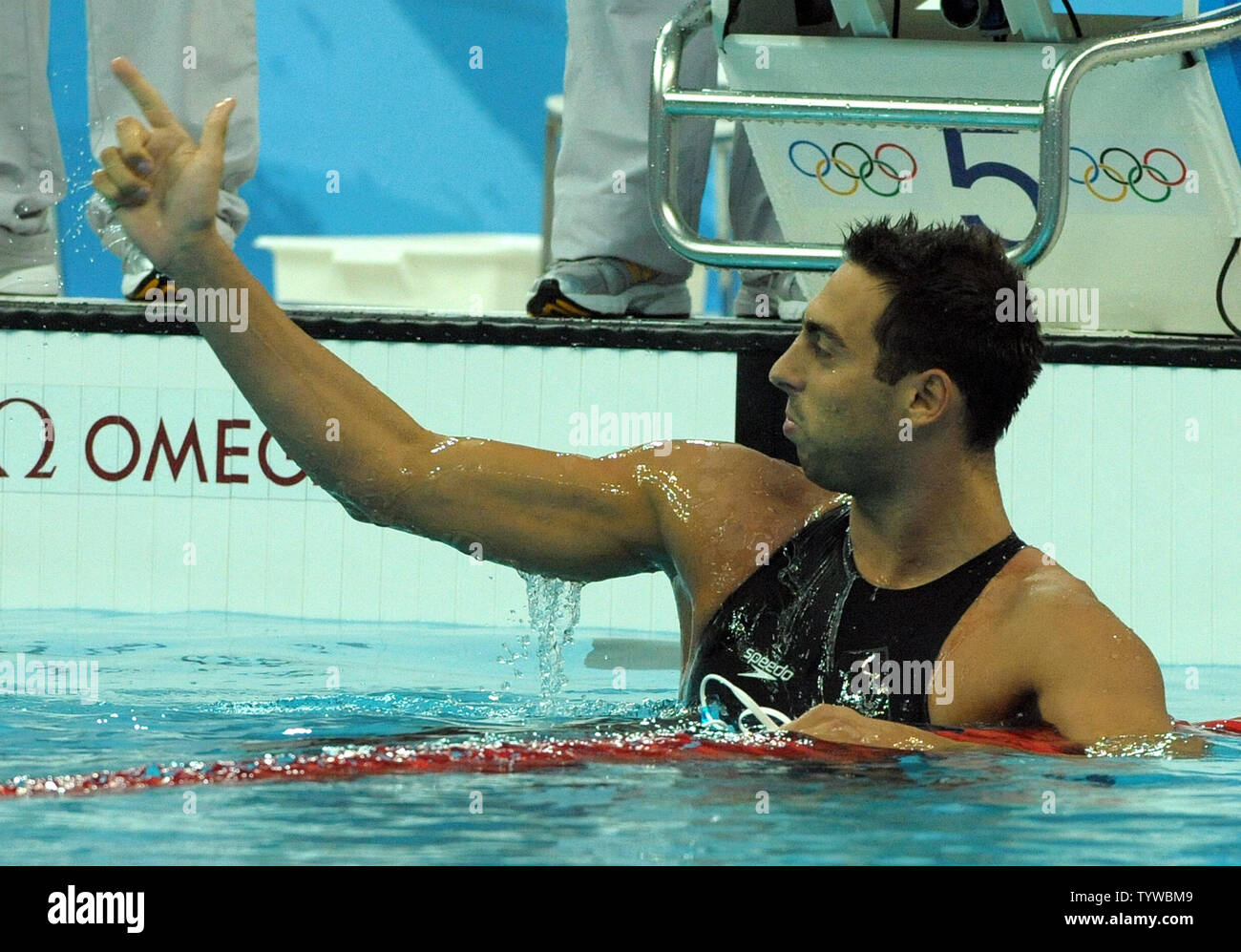 Serbian Milorad Cavic points his finger like a gun after setting an ...