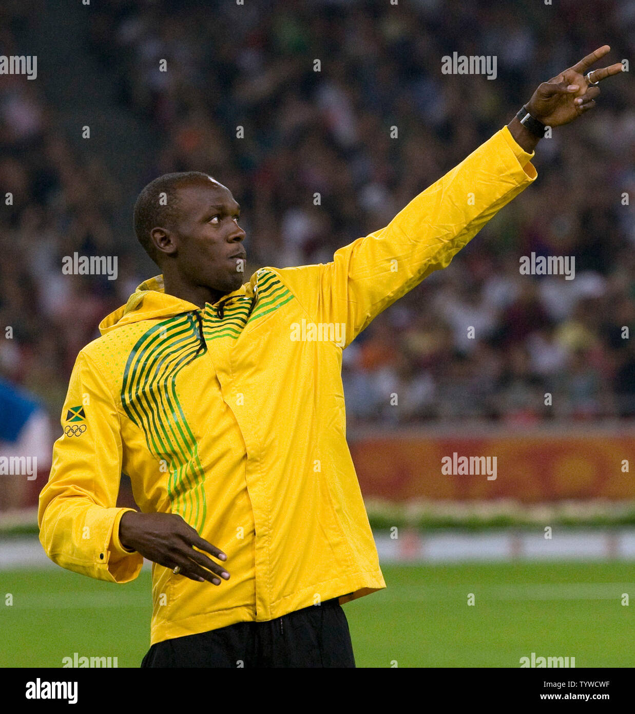 Jamaica's Usain Bolt salutes the crowd during the Olympic men's 100m ...