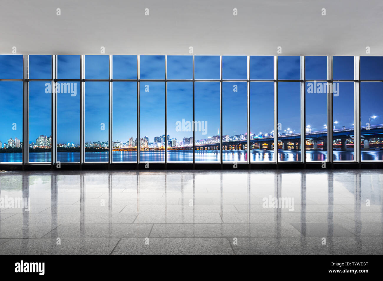 cityscape and skyline at night from window near river Stock Photo - Alamy