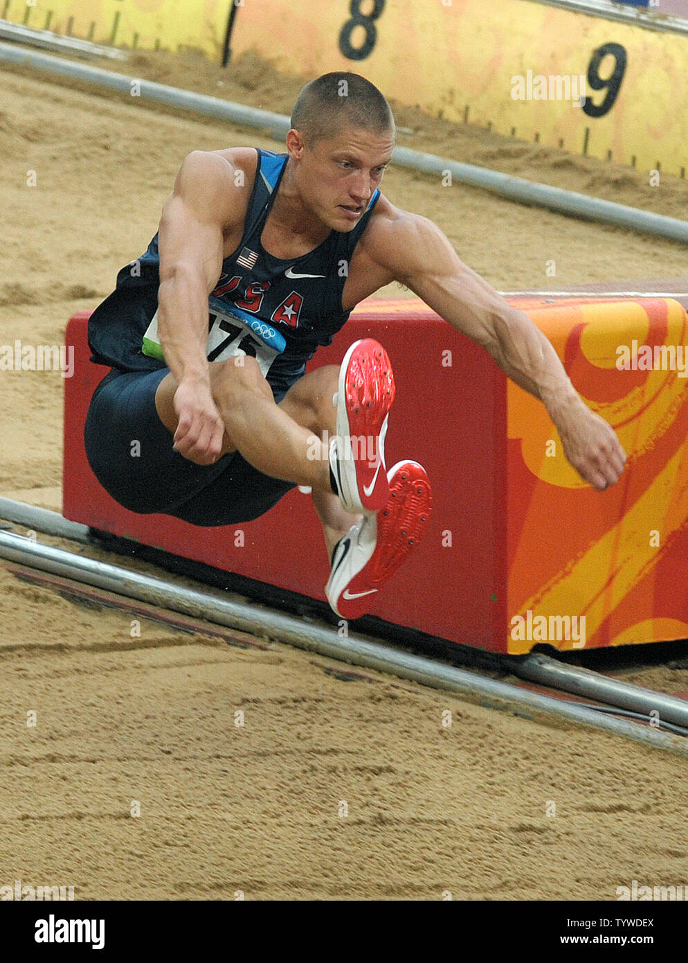 USA's Trey Hardee soars through the air during the Long Jump part of ...