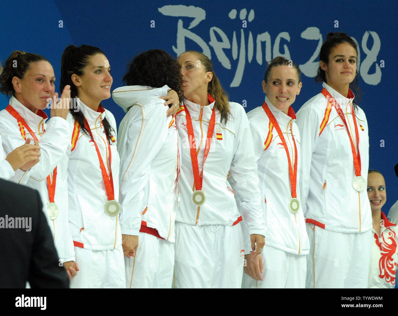 Spain's Synchronized Swimming team celebrates their silver medal ...