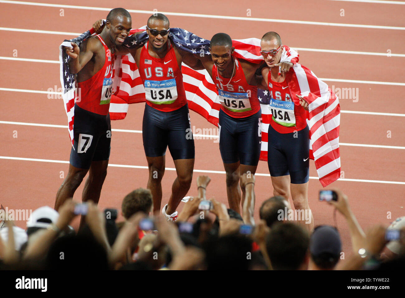 USA's LaShawn Merritt, Angelo Taylor, David Neville, and Jeremy Warner ...