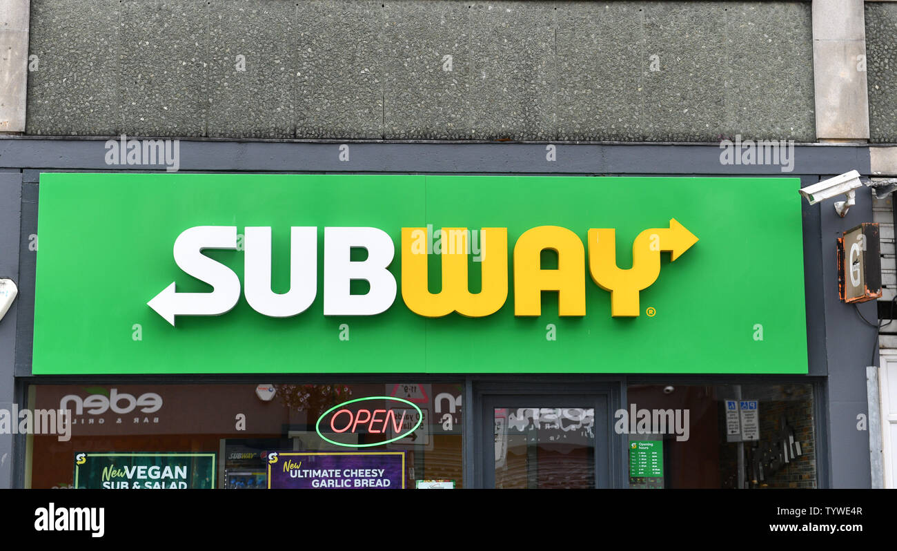 A exterior of a Subway food outlet on a Uk High Street, showing the ...