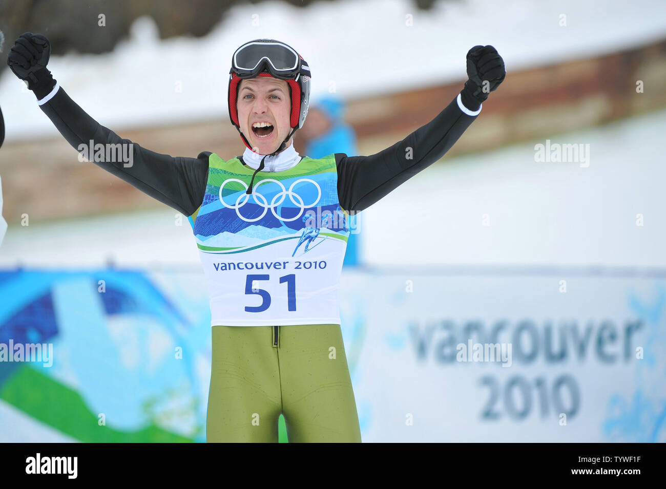 Simon Ammann of Switzerland celebrates after winning the gold medal ...