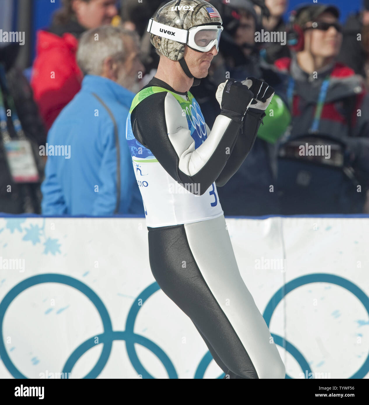 Todd Lodwick, USA, celebrates finishing second after the Ski Jumping of ...