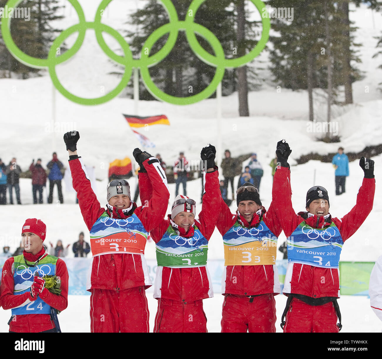 L. to R., Austria's Bernhard Gruber, David Kreiner, Felix Gottwald and ...