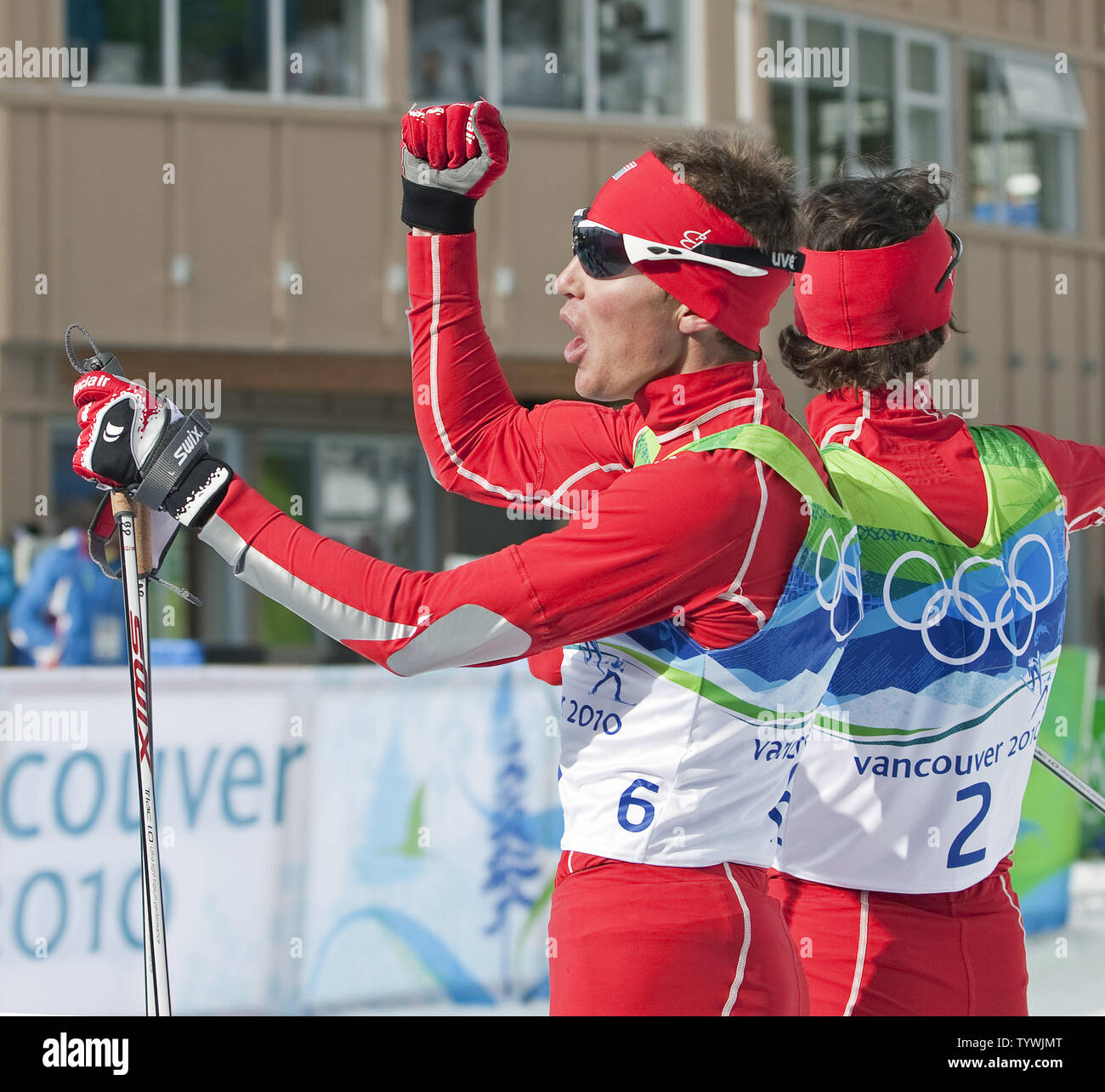 The USA's Bill Demong (L) celebrates winning gold with team mate Johnny ...