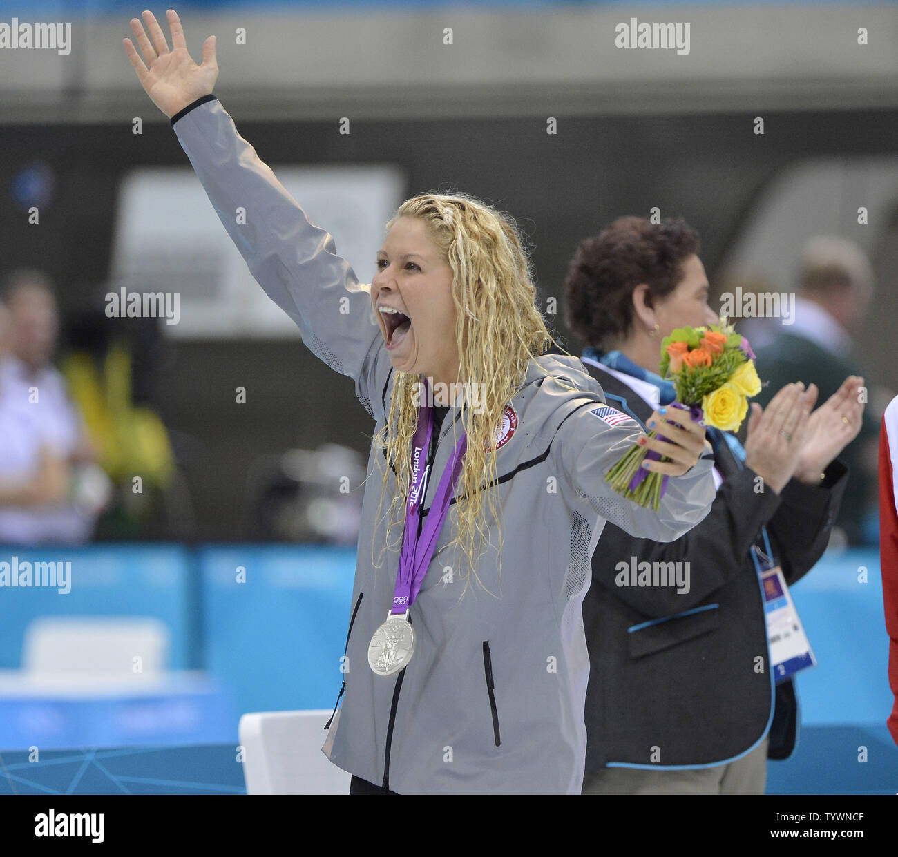 Elizabeth Beisel of the United States reacts during the Medal ceremony ...