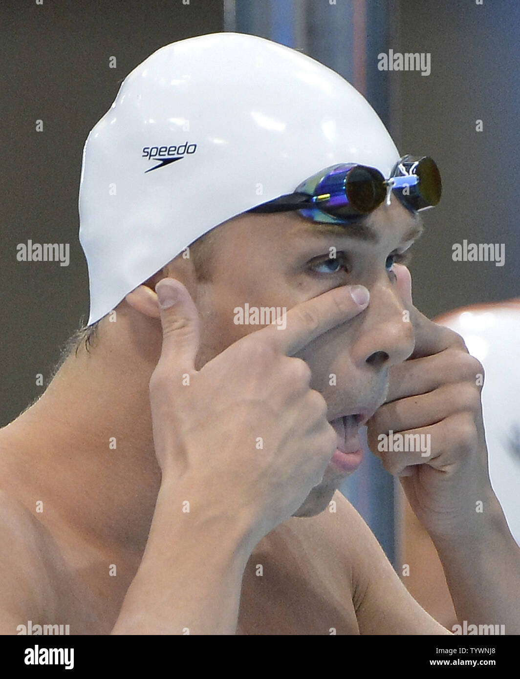 Nick Thoman of the United States gets ready to swim his heat in the Men ...