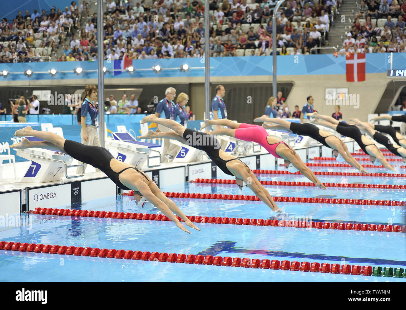 Swimmers begin a heat in the Women's 400M Freestyle at the London 2012 ...