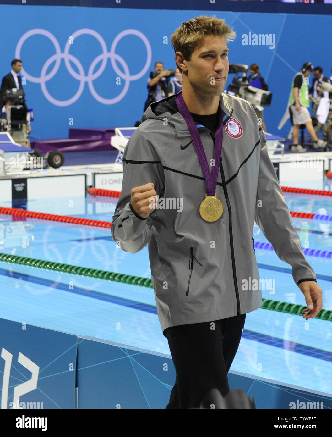American swimmers Matthew Grevers pumps his fist after receiving his ...