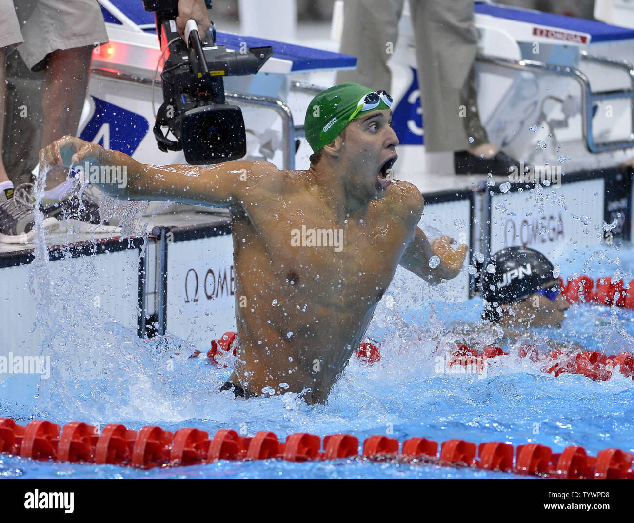 Chad le Clos of South Africa reacts after winning a Gold Medal in the ...
