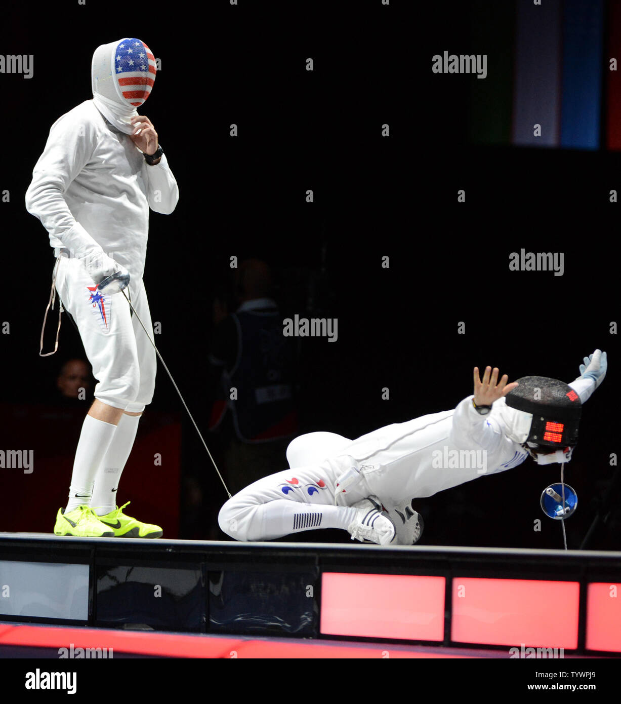 Seth Kelsey of the USA (L) watches as with Ruben Limardo Gascon of ...
