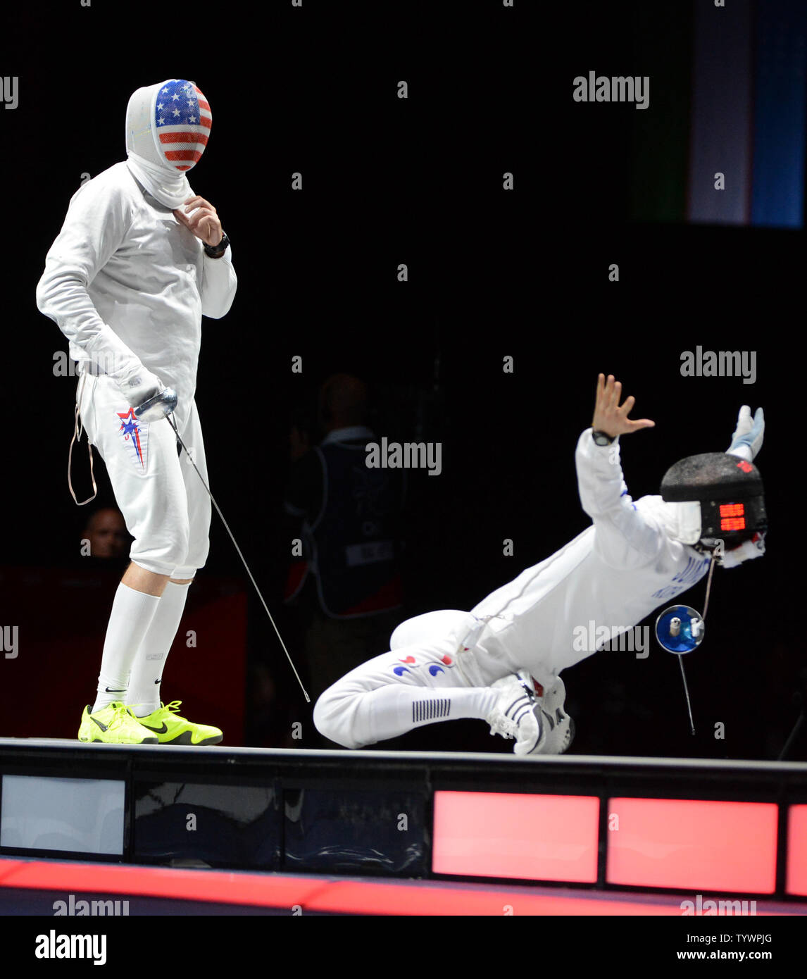 Seth Kelsey of the USA (L) watches as with Ruben Limardo Gascon of ...