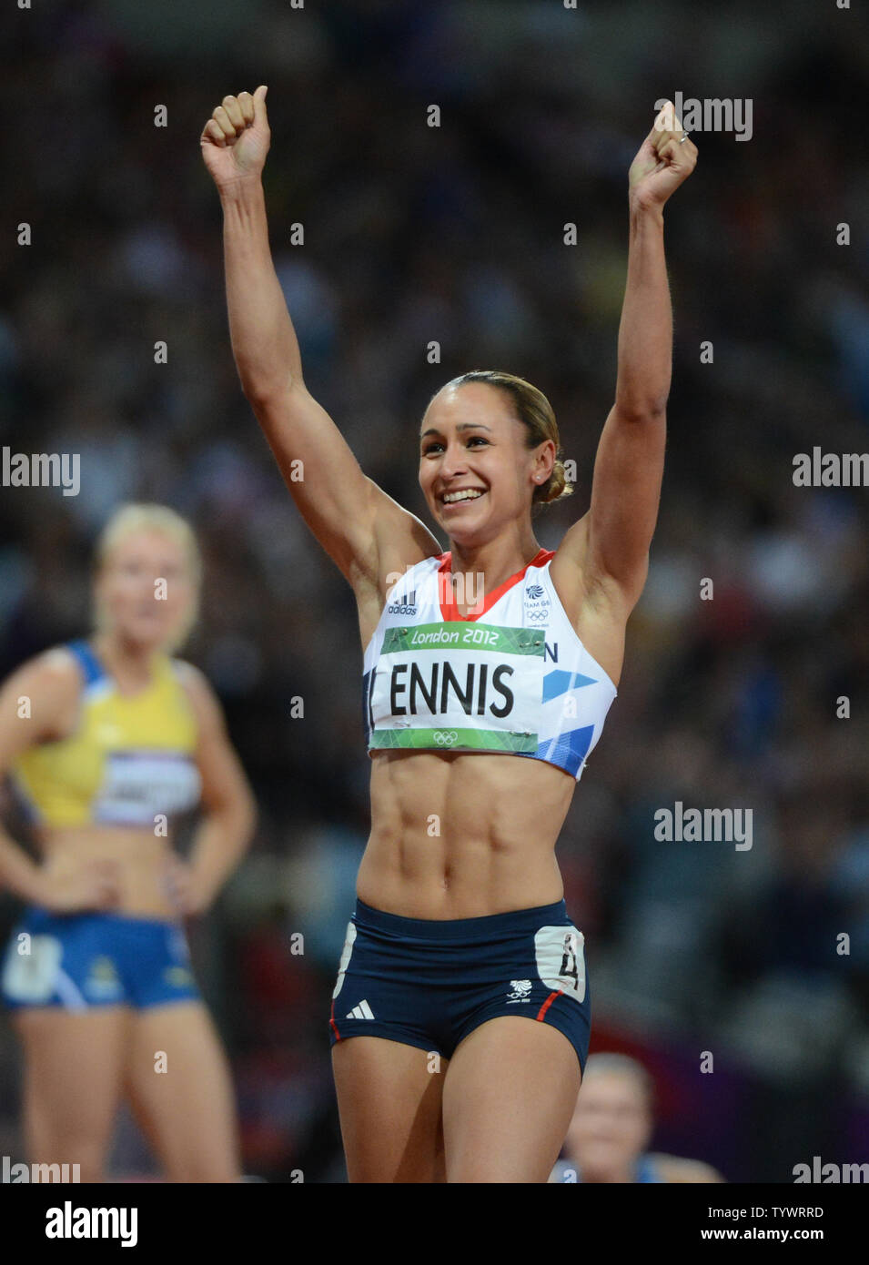 Jessica Ennis of Great Britain celebrates winning gold in the Women's ...