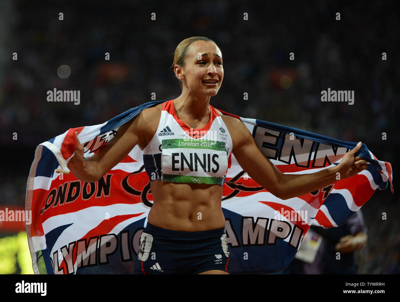 Jessica Ennis of Great Britain celebrates winning gold in the Women's ...