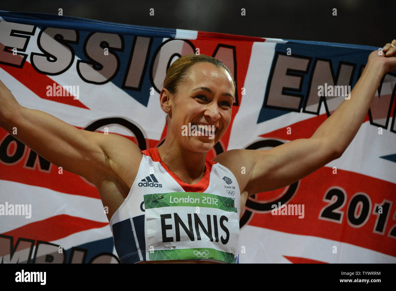 Jessica Ennis of Great Britain celebrates winning gold in the Women's ...